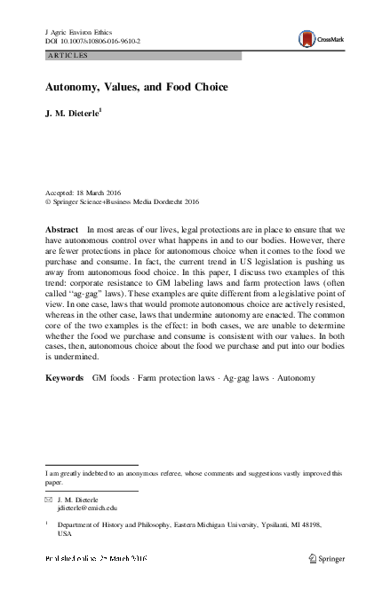 (PDF) Autonomy, Values, and Food Choice