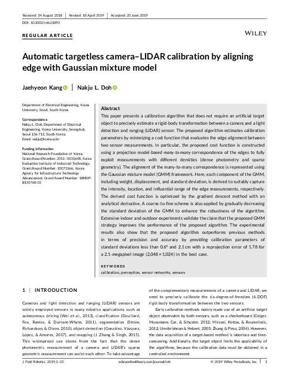 (PDF) Automatic targetless camera–LIDAR calibration by aligning edge with Gaussian mixture model
