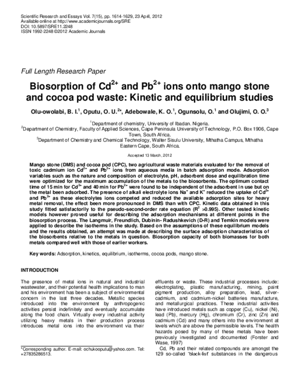 (PDF) Biosorption of Cd2+ and Pb2+ ions onto mango stone and cocoa pod waste: Kinetic and ...