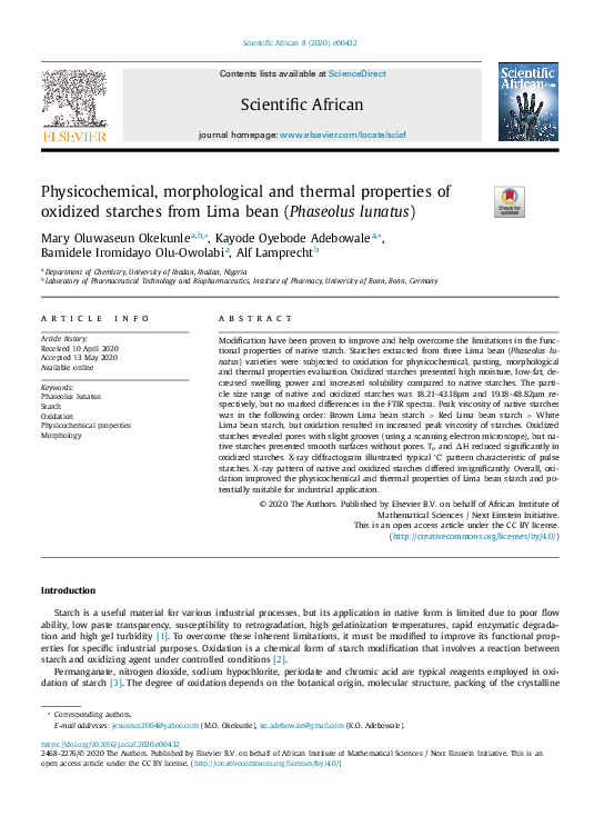 (PDF) Physicochemical, morphological and thermal properties of oxidized ...