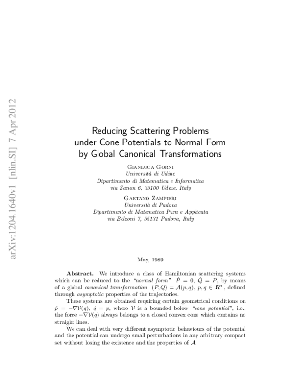 (PDF) Reducing scattering problems under cone potentials to normal form by global canonical ...