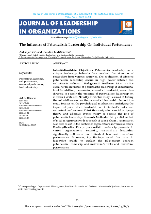 (PDF) The Influence of Paternalistic Leadership On Individual Performance