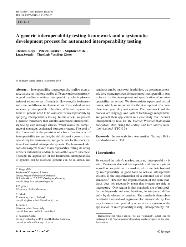 Pdf A Generic Interoperability Testing Framework And A Systematic Development Process For