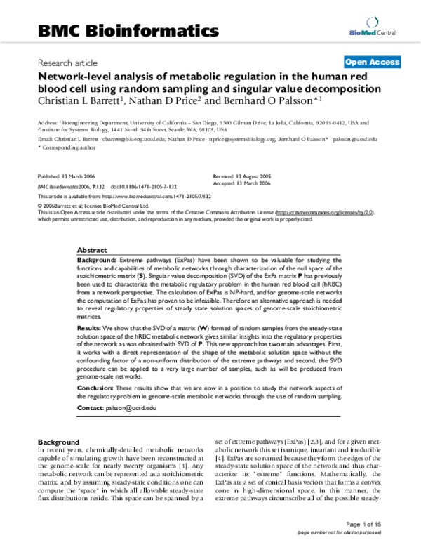 (PDF) Network-level analysis of metabolic regulation in the human red blood cell using random ...
