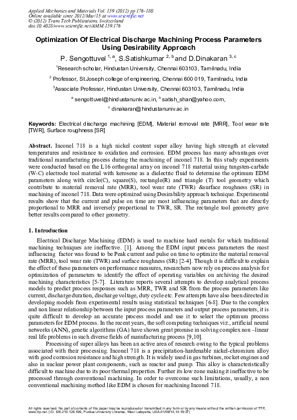 (PDF) Optimization of Electrical Discharge Machining Process Parameters Using Desirability Approach