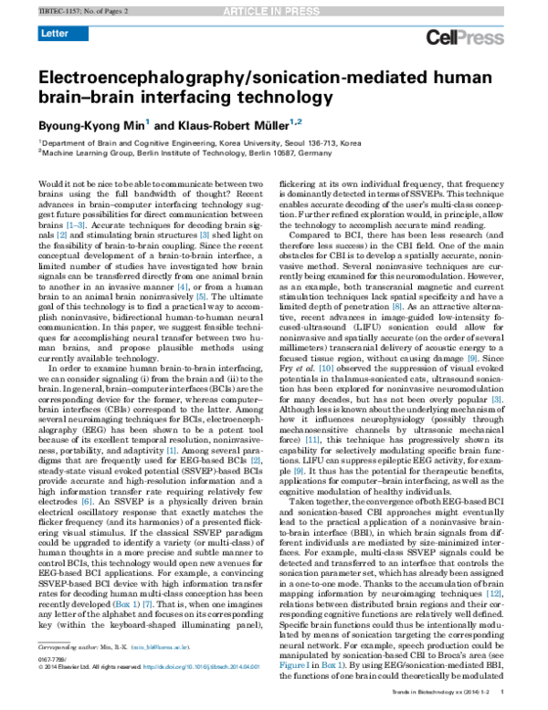 (PDF) Electroencephalography/sonication-mediated human brain–brain interfacing technology