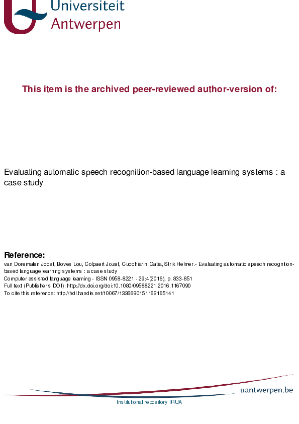 (PDF) Evaluating automatic speech recognition-based language learning systems: a case study