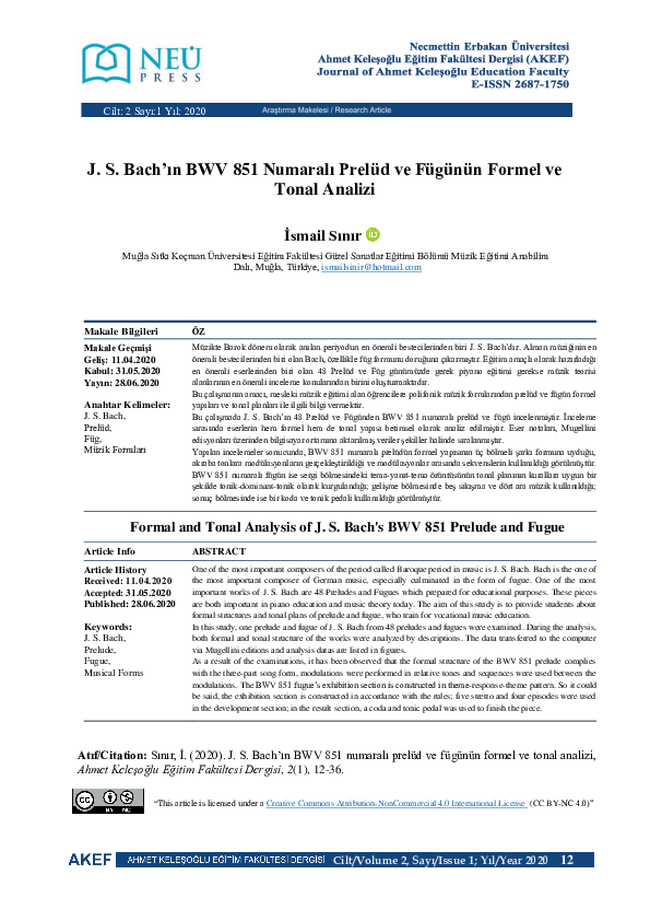 (PDF) J. S. Bach’ın BWV 851 Numaralı Prelüd ve Fügünün Formel ve Tonal Analizi