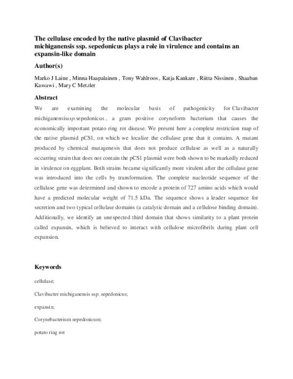 (PDF) The cellulase encoded by the native plasmid of Clavibacter ...