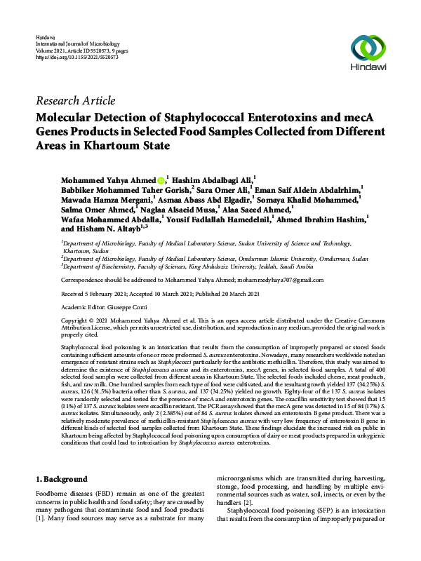 (PDF) Molecular Detection of Staphylococcal Enterotoxins and mecA Genes Products in Selected ...
