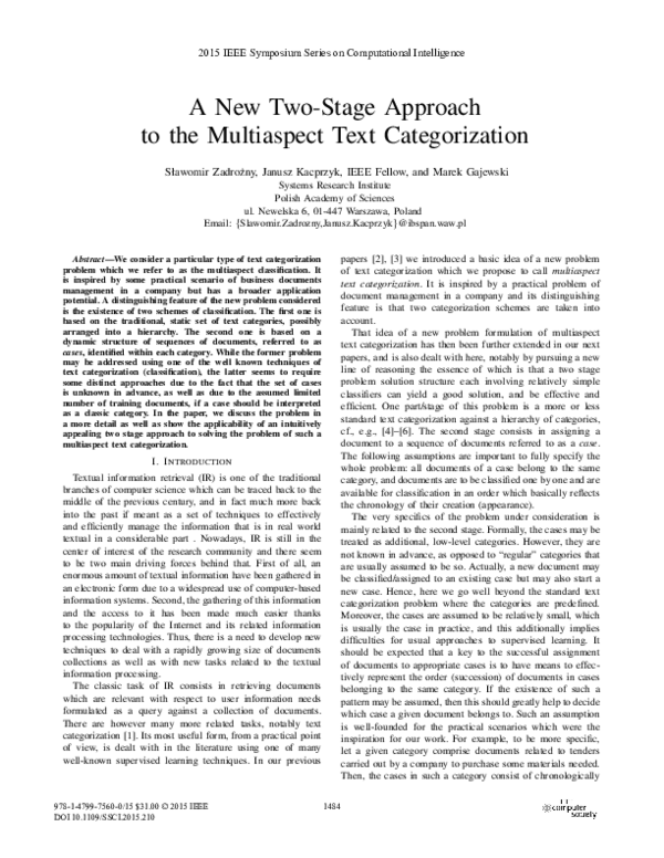 (PDF) A New Two-Stage Approach to the Multiaspect Text Categorization