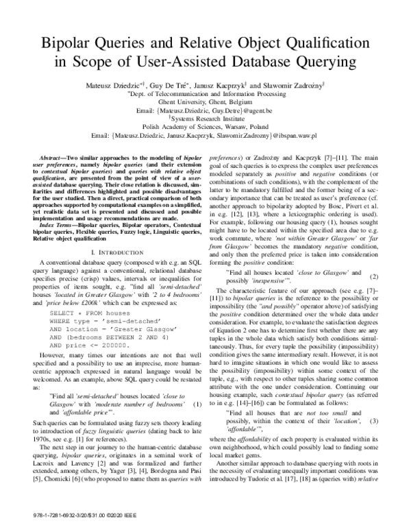 Pdf Bipolar Queries And Relative Object Qualification In Scope Of User Assisted Database Querying 