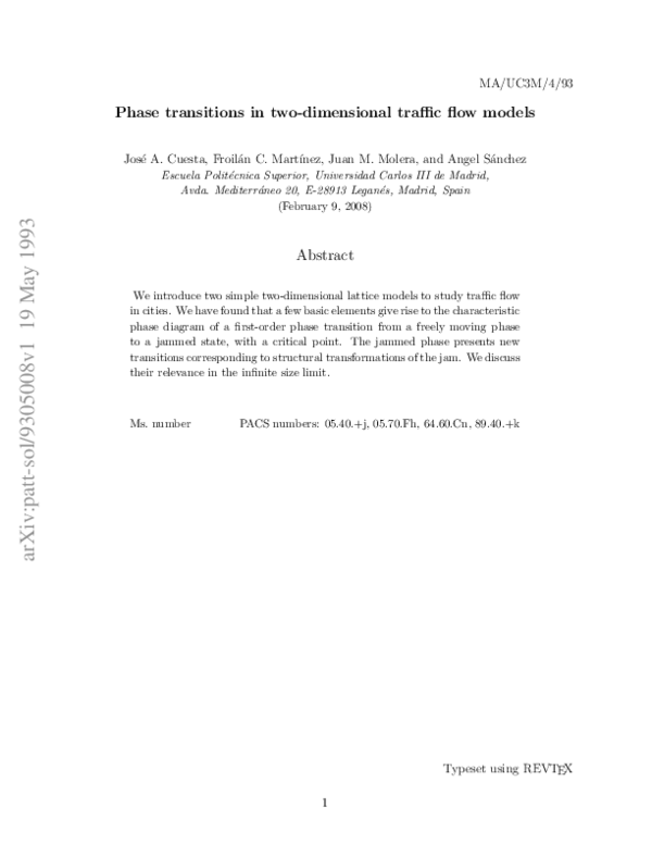 (PDF) Phase transitions in two-dimensional traffic-flow models