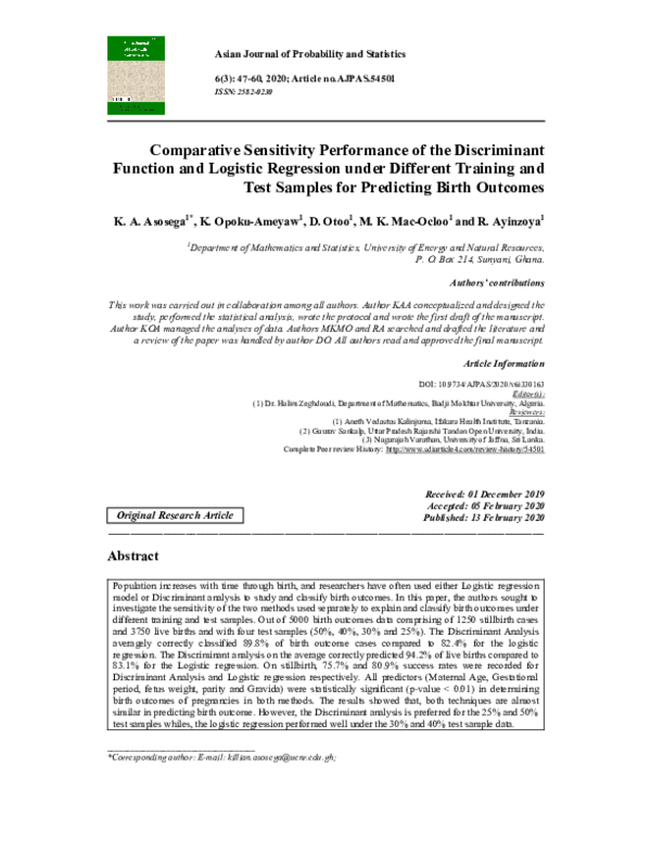 (PDF) Comparative Sensitivity Performance of the Discriminant Function and Logistic Regression ...