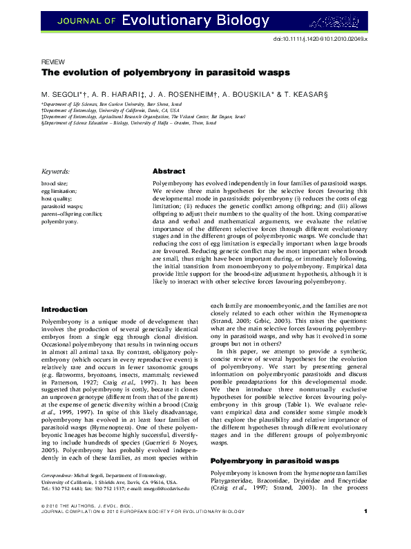 (PDF) REVIEW: The evolution of polyembryony in parasitoid wasps