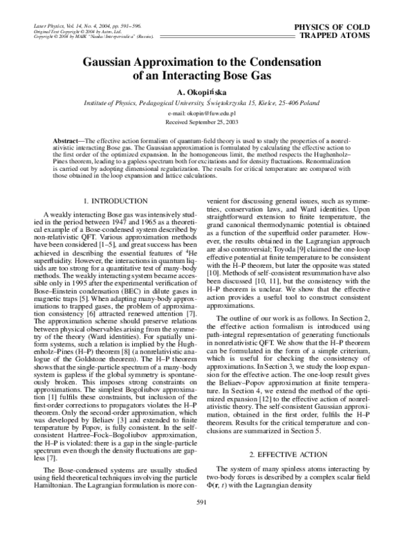 (PDF) Gaussian Approximation to the Condensation of an Interacting Bose Gas