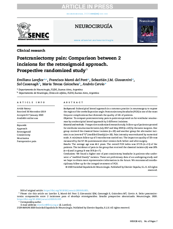 (PDF) Postcraniectomy pain: Comparison between 2 incisions for the ...