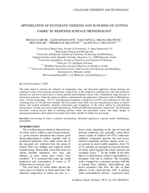 (PDF) Optimization of Enzymatic Desizing and Scouring of Cotton Fabric by Response Surface ...