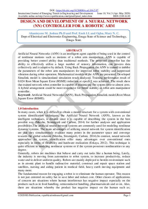 Pdf Design And Development Of A Neural Network Nn Controller For A
