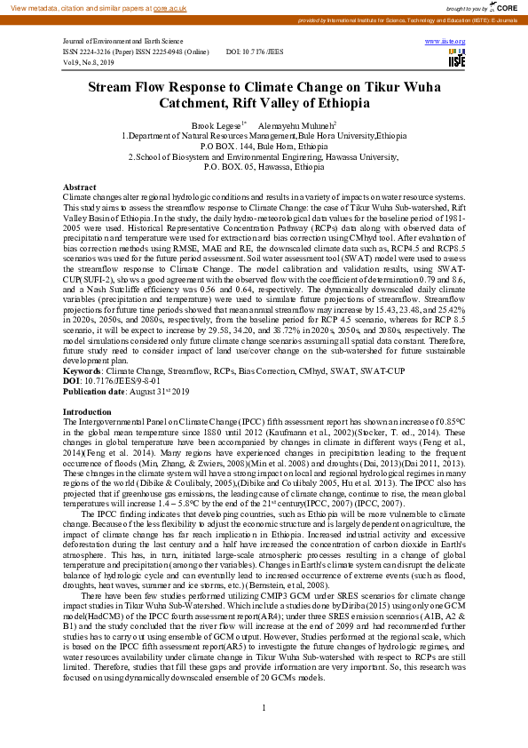(PDF) Stream Flow Response to Climate Change on Tikur Wuha Catchment ...