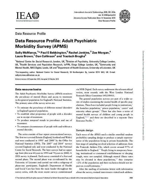 (PDF) Data Resource Profile: Adult Psychiatric Morbidity Survey (APMS)