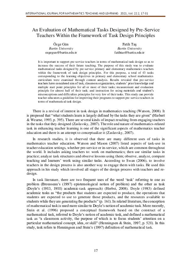 (PDF) An Evaluation of Mathematical Tasks Designed by Pre-Service Teachers Within the Framework ...