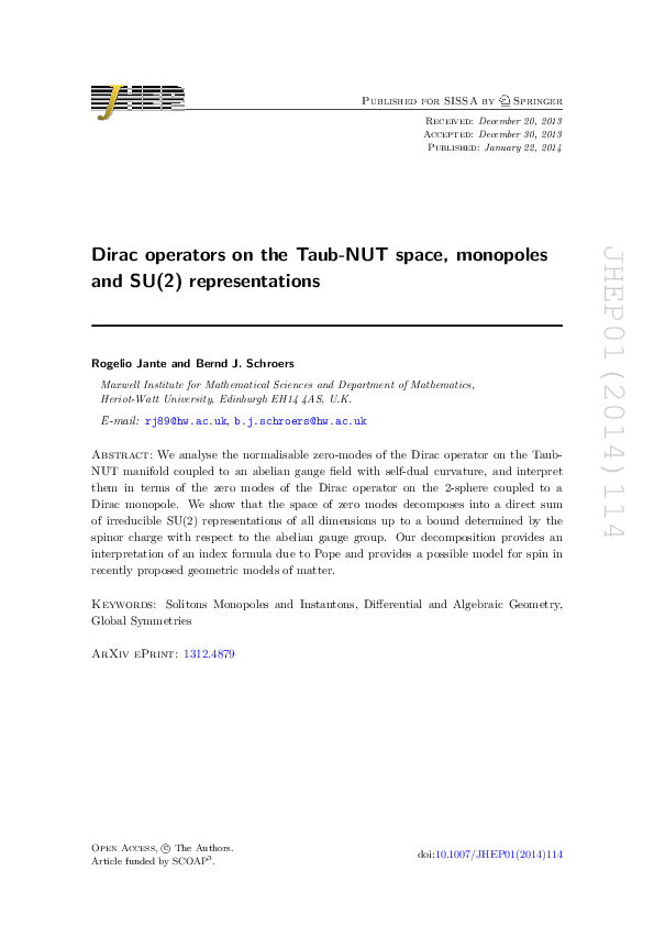 (PDF) Dirac operators on the Taub-NUT space, monopoles and SU(2) representations | Bernd ...
