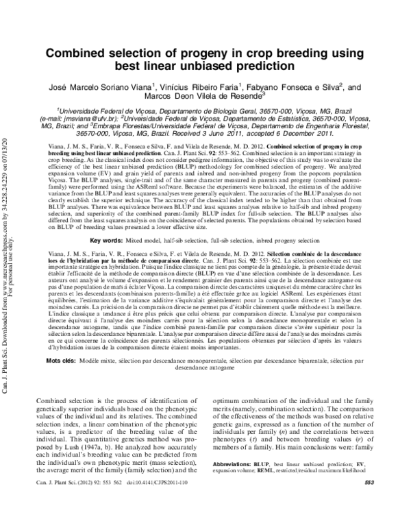 (PDF) Combined selection of progeny in crop breeding using best linear unbiased prediction