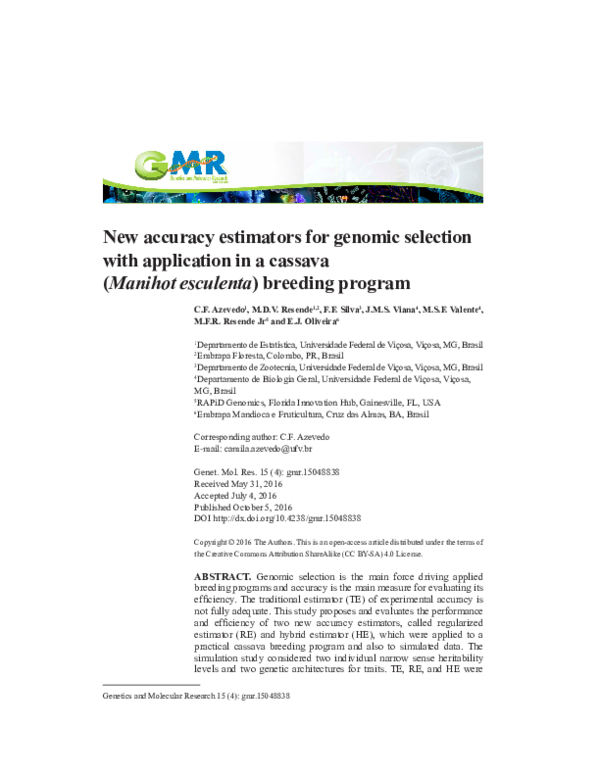 Pdf New Accuracy Estimators For Genomic Selection With Application In A Cassava Manihot