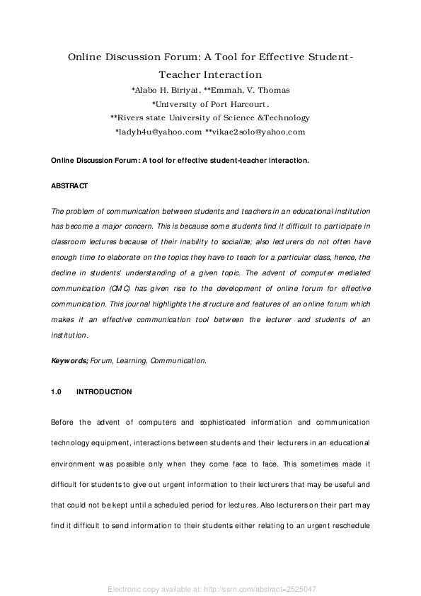 (PDF) Online Discussion Forum: A Tool for Effective Student-Teacher ...