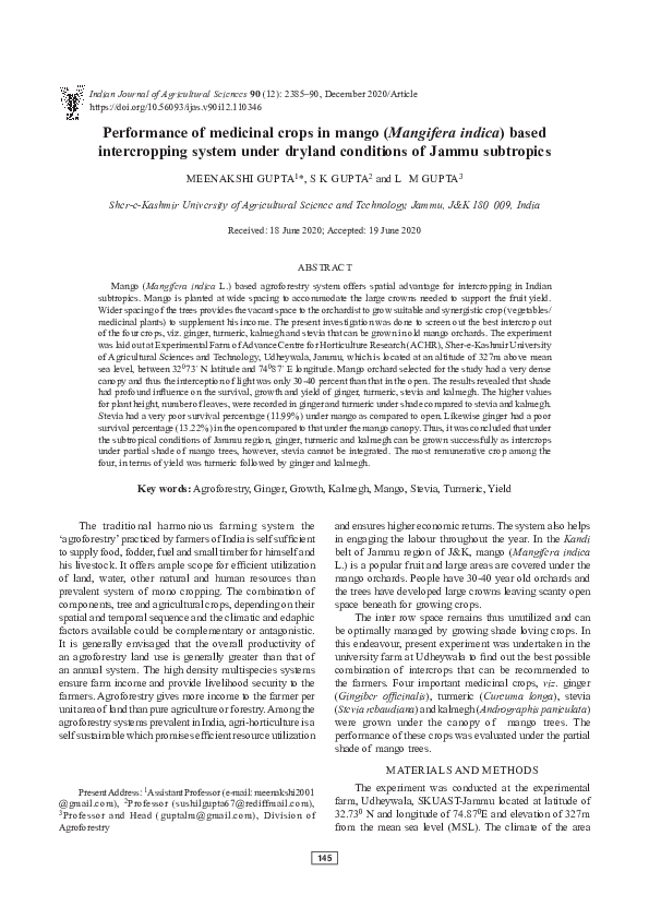 (PDF) Performance of medicinal crops in mango (Mangifera indica) based ...