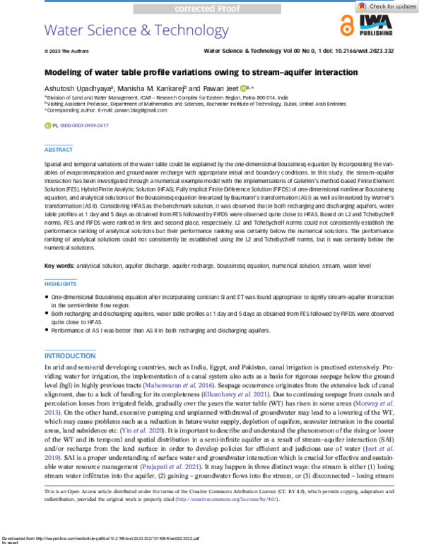 (PDF) Modeling of water table profile variations owing to stream ...