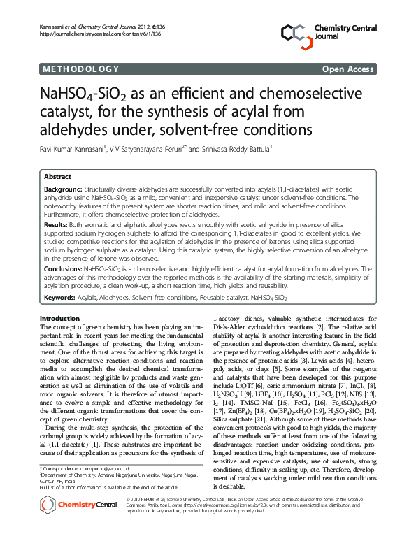 (PDF) NaHSO4-SiO2 as an efficient and chemoselective catalyst, for the ...