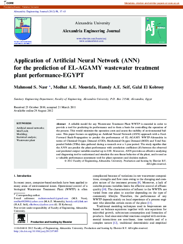 (PDF) Application of Artificial Neural Network (ANN) for the prediction of EL-AGAMY wastewater ...