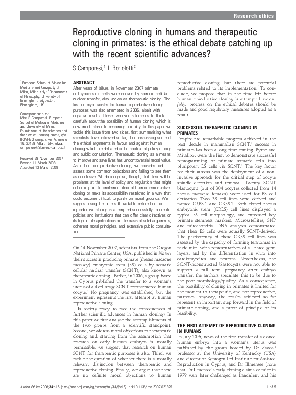 (PDF) Reproductive cloning in humans and therapeutic cloning in ...