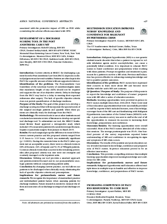 (PDF) Development of a Discharge Scoring Tool in the Post Anesthesia ...