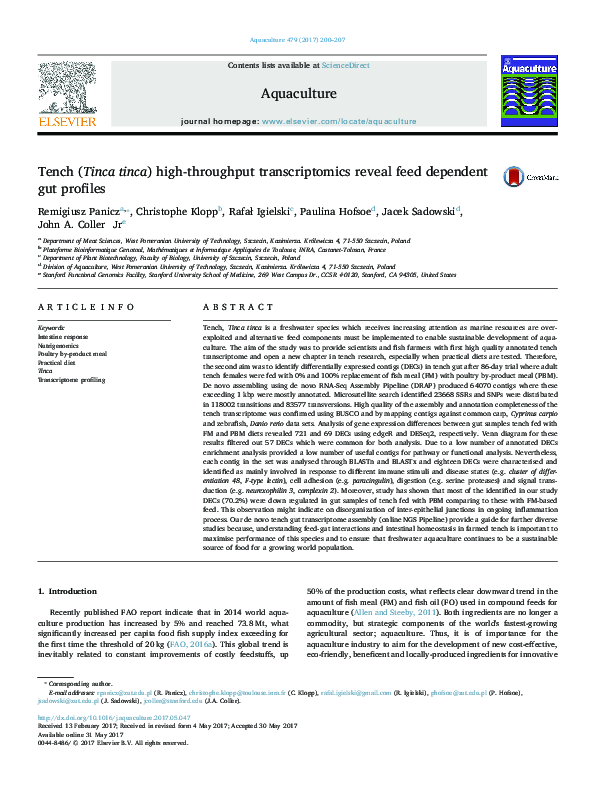 (PDF) Tench ( Tinca tinca ) high-throughput transcriptomics reveal feed ...
