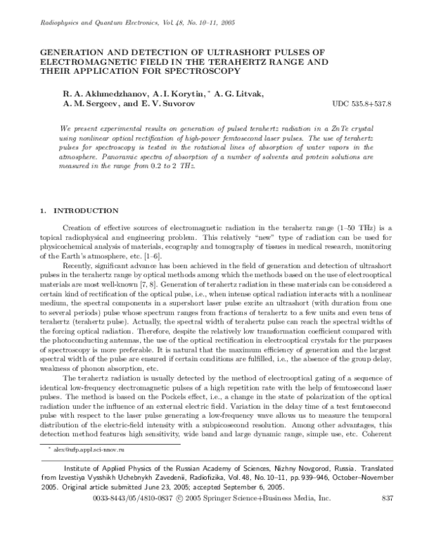 (PDF) Generation and detection of ultrashort pulses of electromagnetic field in the terahertz ...