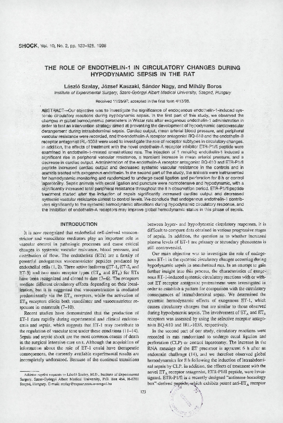 (PDF) The Role of ENDOTHELIN-1 in Circulatory Changes During ...