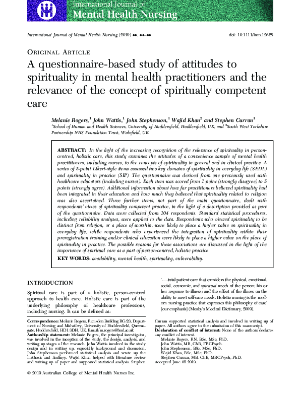 (PDF) A questionnaire-based study of attitudes to spirituality in ...
