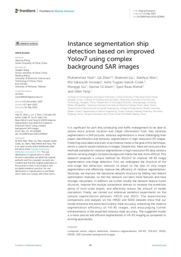 Pdf Instance Segmentation Ship Detection Based On Improved Yolov7 Using Complex Background Sar 