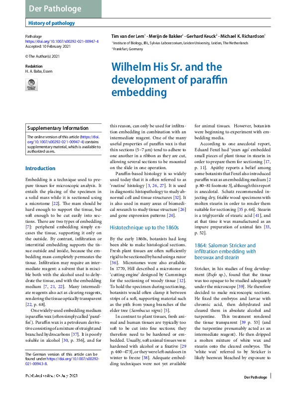 (PDF) Wilhelm His Sr. and the development of paraffin embedding ...