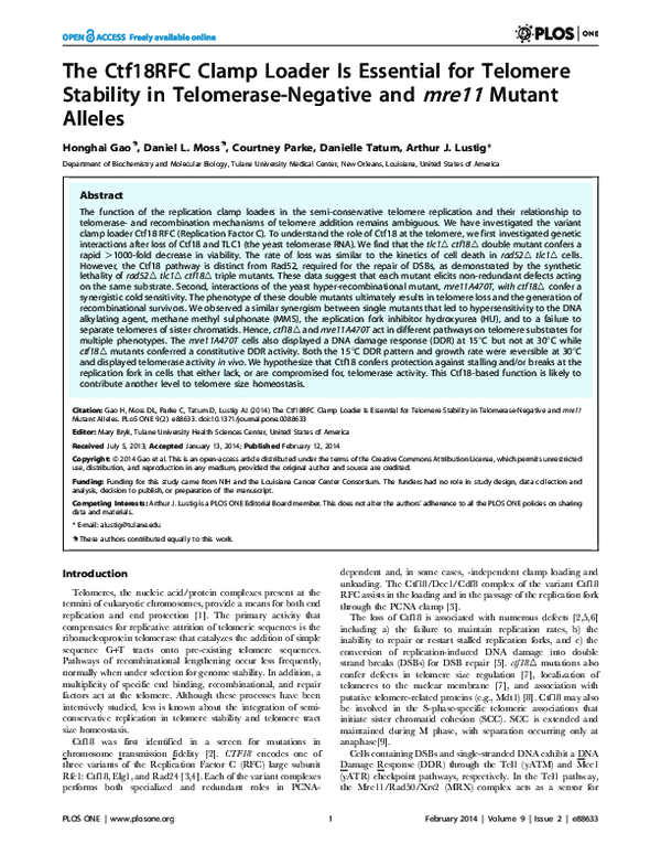 (PDF) The Ctf18RFC Clamp Loader Is Essential for Telomere Stability in ...