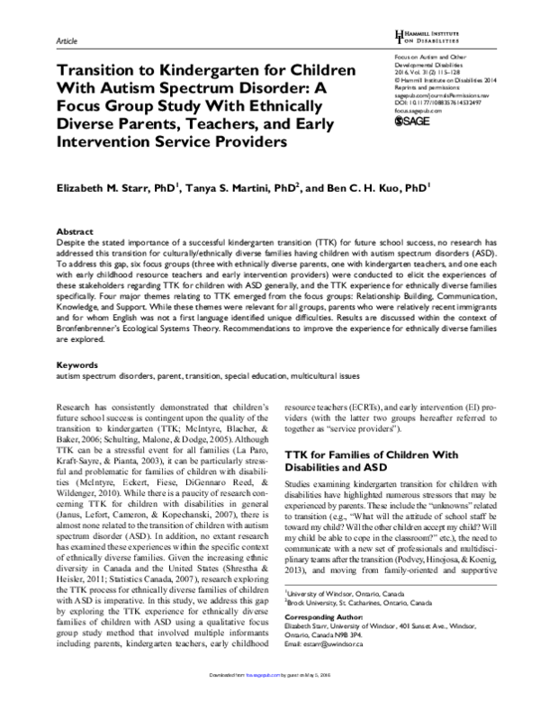 (PDF) Transition to Kindergarten for Children With Autism Spectrum Disorder