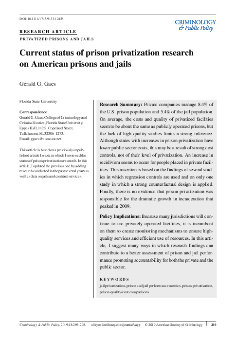 (PDF) Current status of prison privatization research on American ...