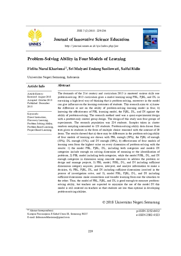 Pdf Problem Solving Ability In Four Models Of Learning