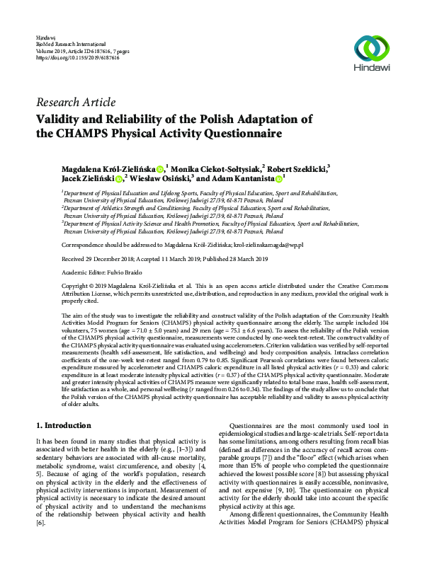 (PDF) Validity and Reliability of the Polish Adaptation of the CHAMPS Physical Activity ...
