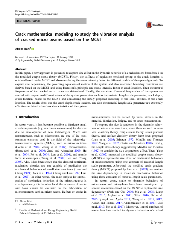 (PDF) Crack mathematical modeling to study the vibration analysis of ...