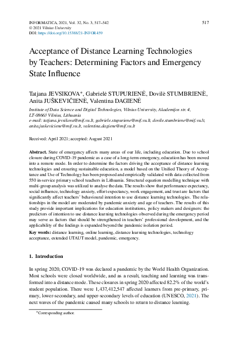 (PDF) Acceptance of Distance Learning Technologies by Teachers: Determining Factors and ...