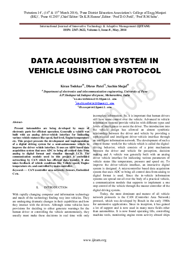 (PDF) Data Acquisition System in Vehicle Using Can Protocol